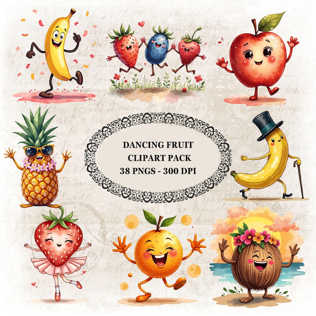 Dancing Fruit Clipart Pack, Cute Fruit Pngs, Strawberries, Raspberries ...