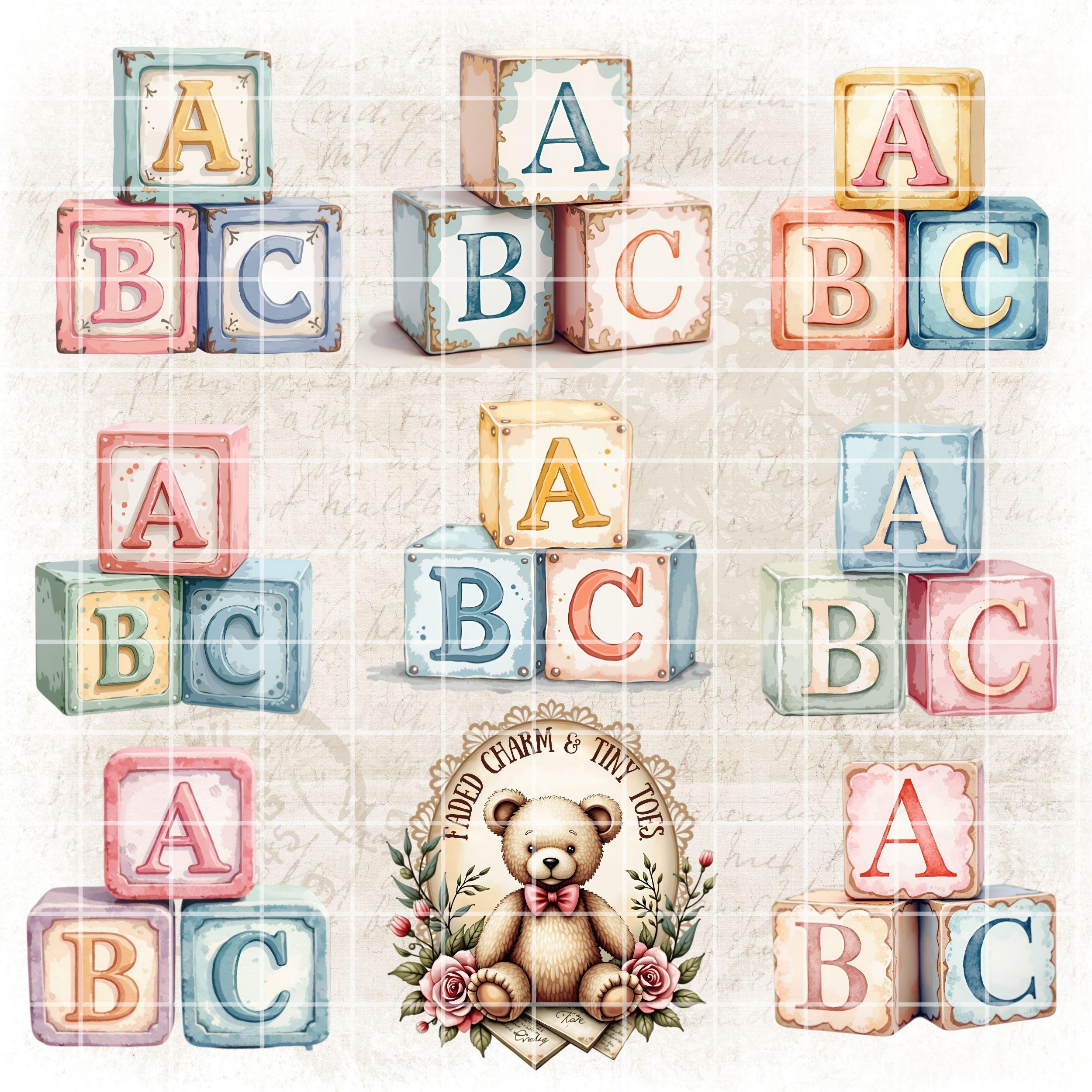 Pastel Watercolor Baby Blocks Clipart, ABC 123 Nursery Art, Baby Shower ...