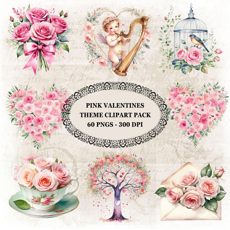 Pink Valentine's Day Clipart Pack, Floral Hearts, Pink Flowers, Cherubs ...
