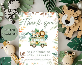 Editable Safari Theme Thank You Card for Girls Age 1-10, Canva Template ...