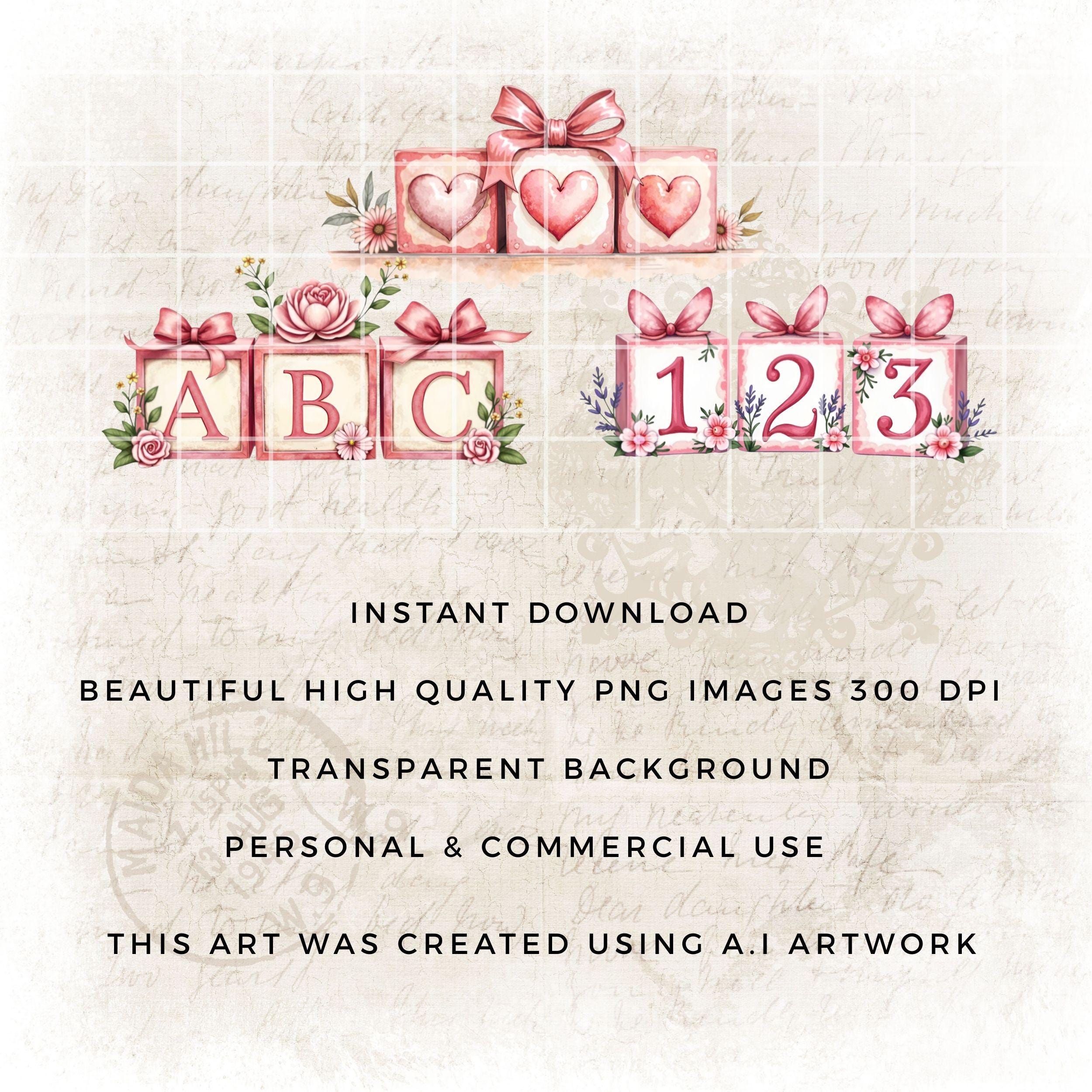 Pink Watercolor Baby Blocks Clipart, ABC 123 Nursery Art, Newborn Baby ...