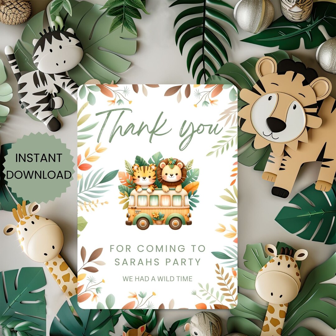 Editable Safari Theme Thank You Card for Girls Age 1-10, Canva Template ...
