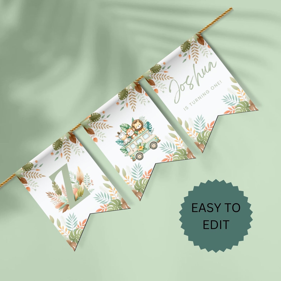 Editable Safari Bunting, Kids Birthday Decor, Boys Age 1-10, Canva ...