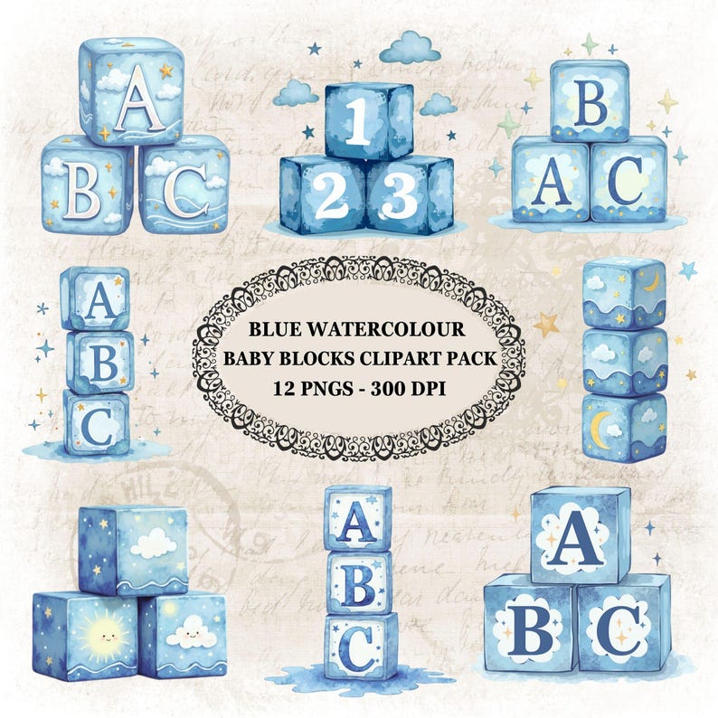 Blue Watercolor Baby Blocks Clipart, ABC and 123 Clip Art, Sun Moon ...