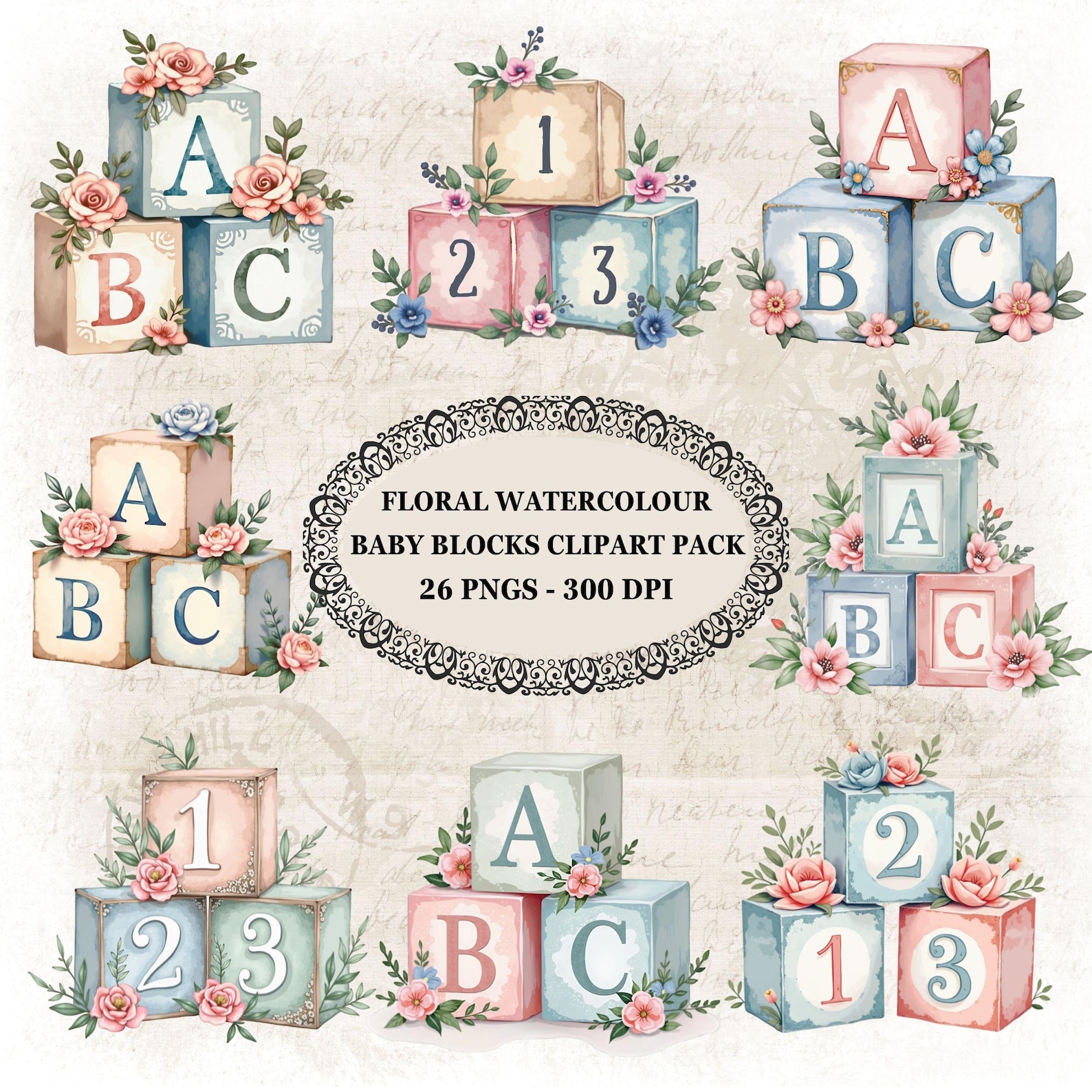 Watercolor Baby Blocks Clipart, Floral Alphabet and Numbers PNG, Baby ...