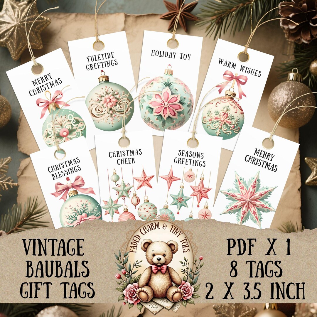 Printable Vintage Bauble Gift Tags • Pastel Pink & Green Christmas Tags ...