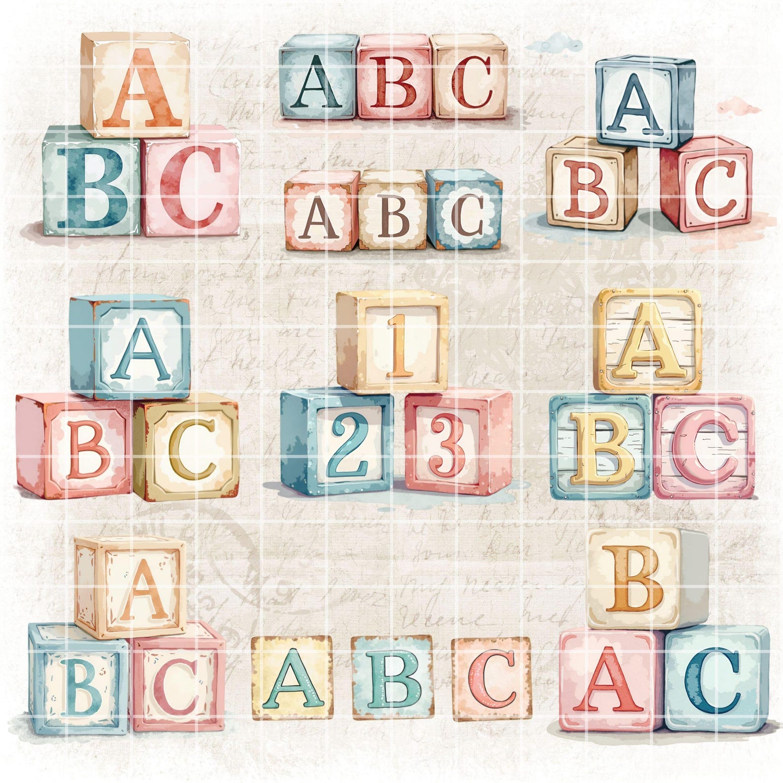 Pastel Watercolor Baby Blocks Clipart, ABC 123 Nursery Art, Baby Shower ...