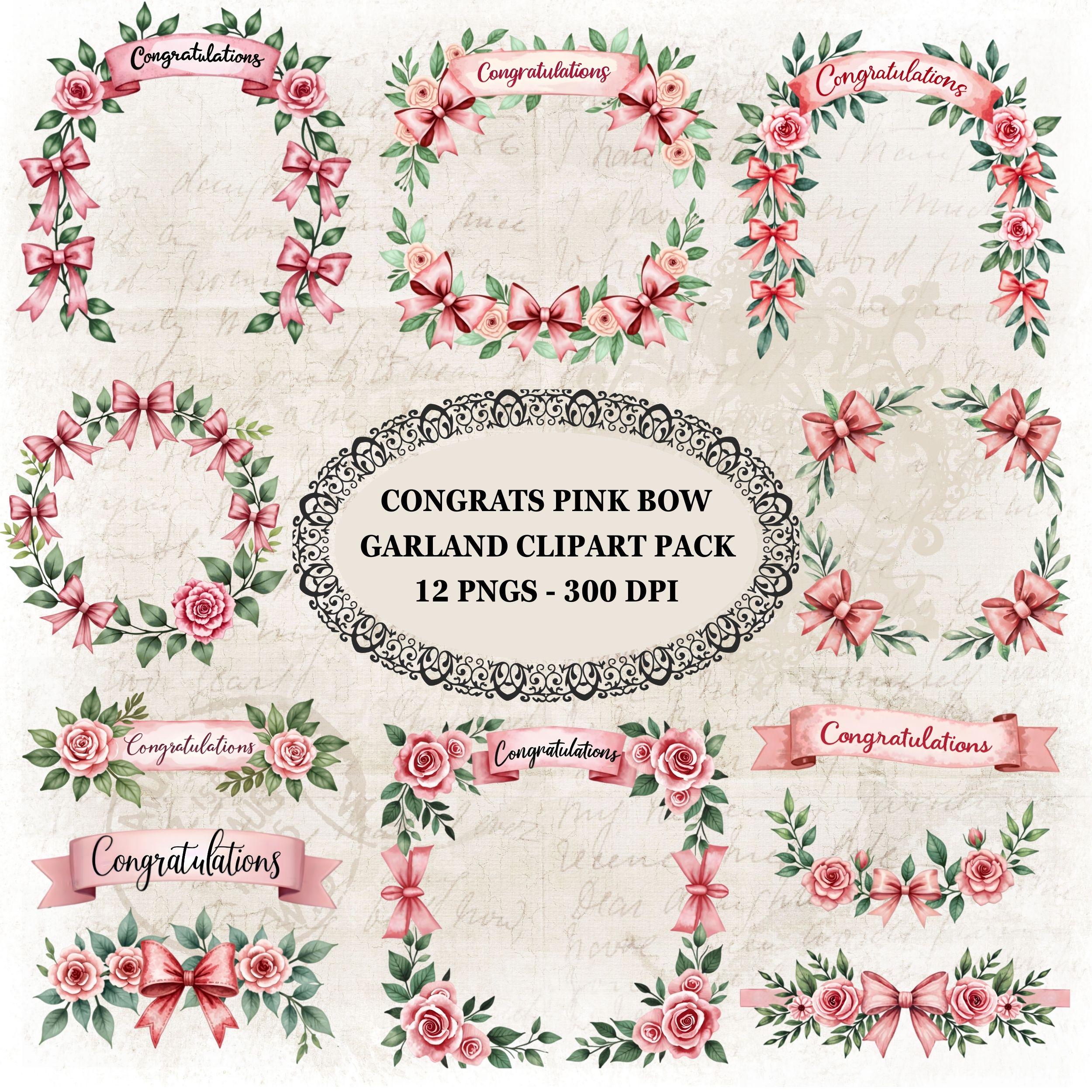 Congratulations Banner Clipart Pack, Pink Bows & Elegant Floral ...