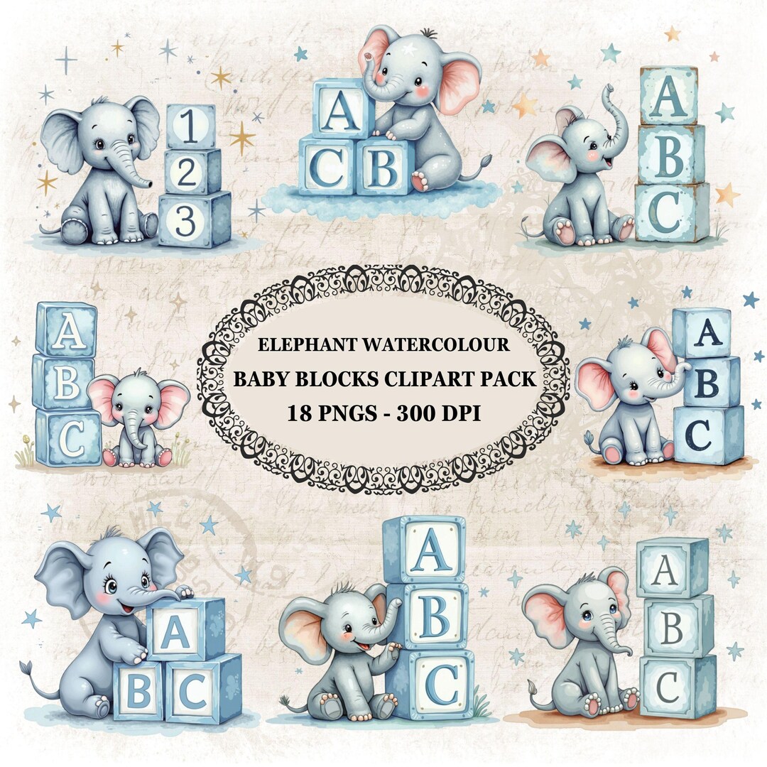 Watercolor Baby Elephant Clipart, Cute Baby Animal PNG, Watercolour ABC ...