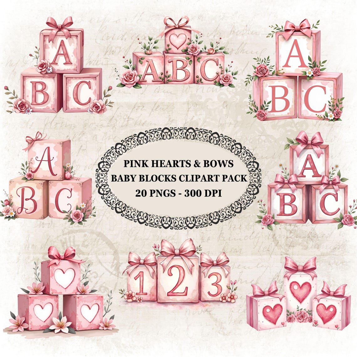 Pink Watercolor Baby Blocks Clipart, ABC 123 Nursery Art, Newborn Baby ...