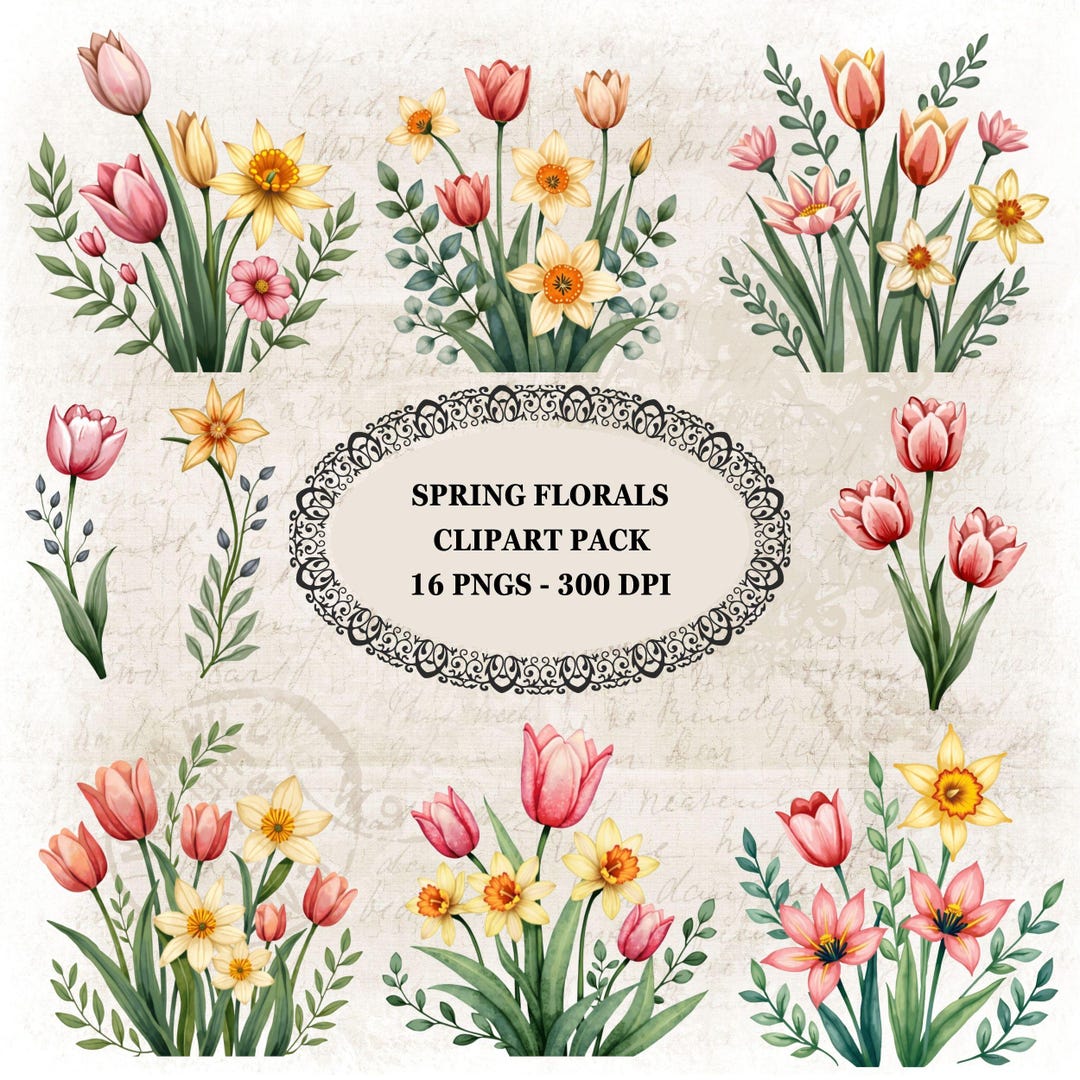 Spring Floral Clipart Pack, Watercolor Daffodils, Tulips and Daisies ...