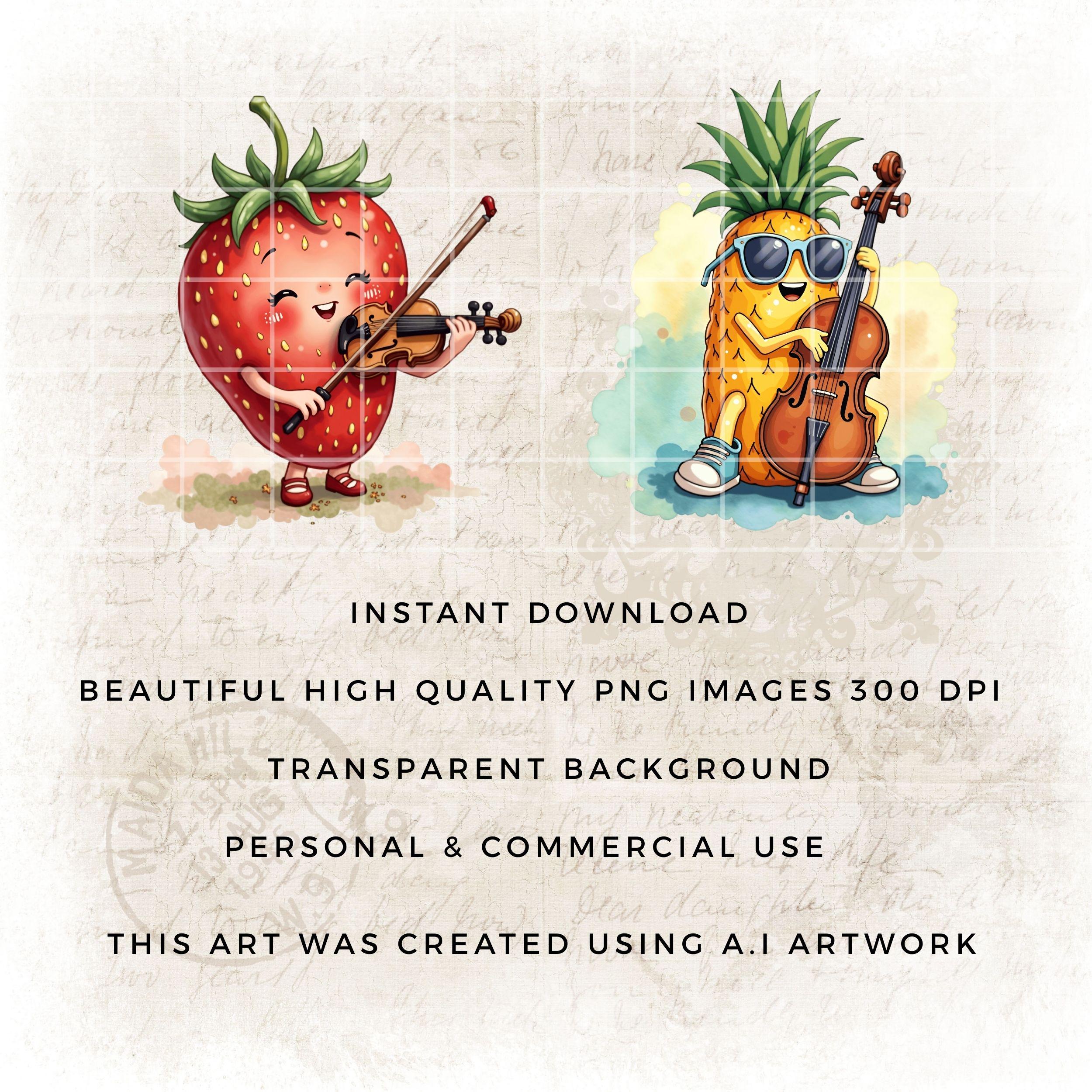 Musical Fruit Clipart Pack, Cute Fruits Playing Instruments, Drums ...