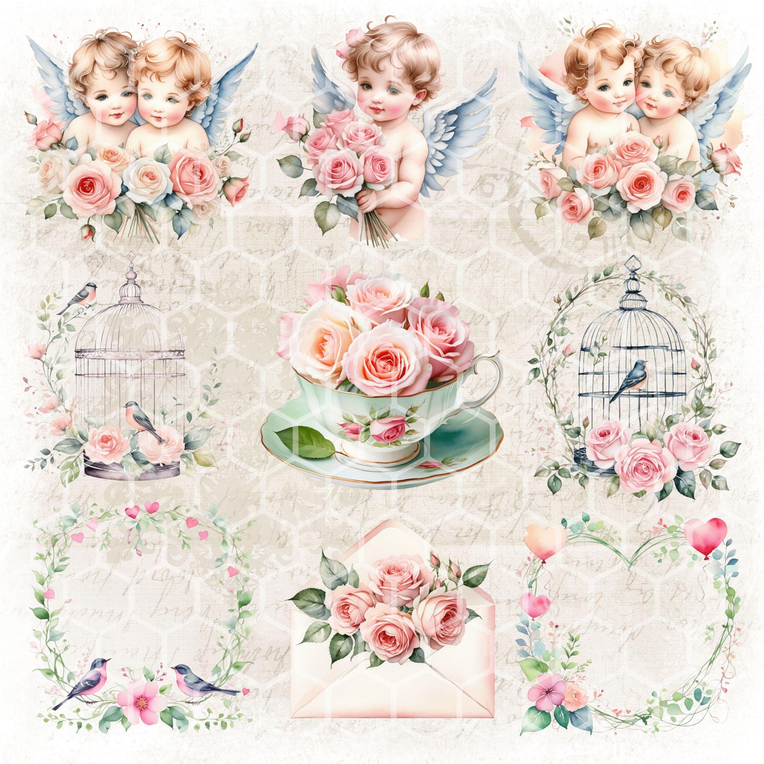 Pink Valentine's Day Clipart Pack, Floral Hearts, Pink Flowers, Cherubs ...