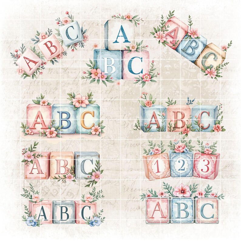 Watercolor Baby Blocks Clipart, Floral Alphabet and Numbers PNG, Baby ...