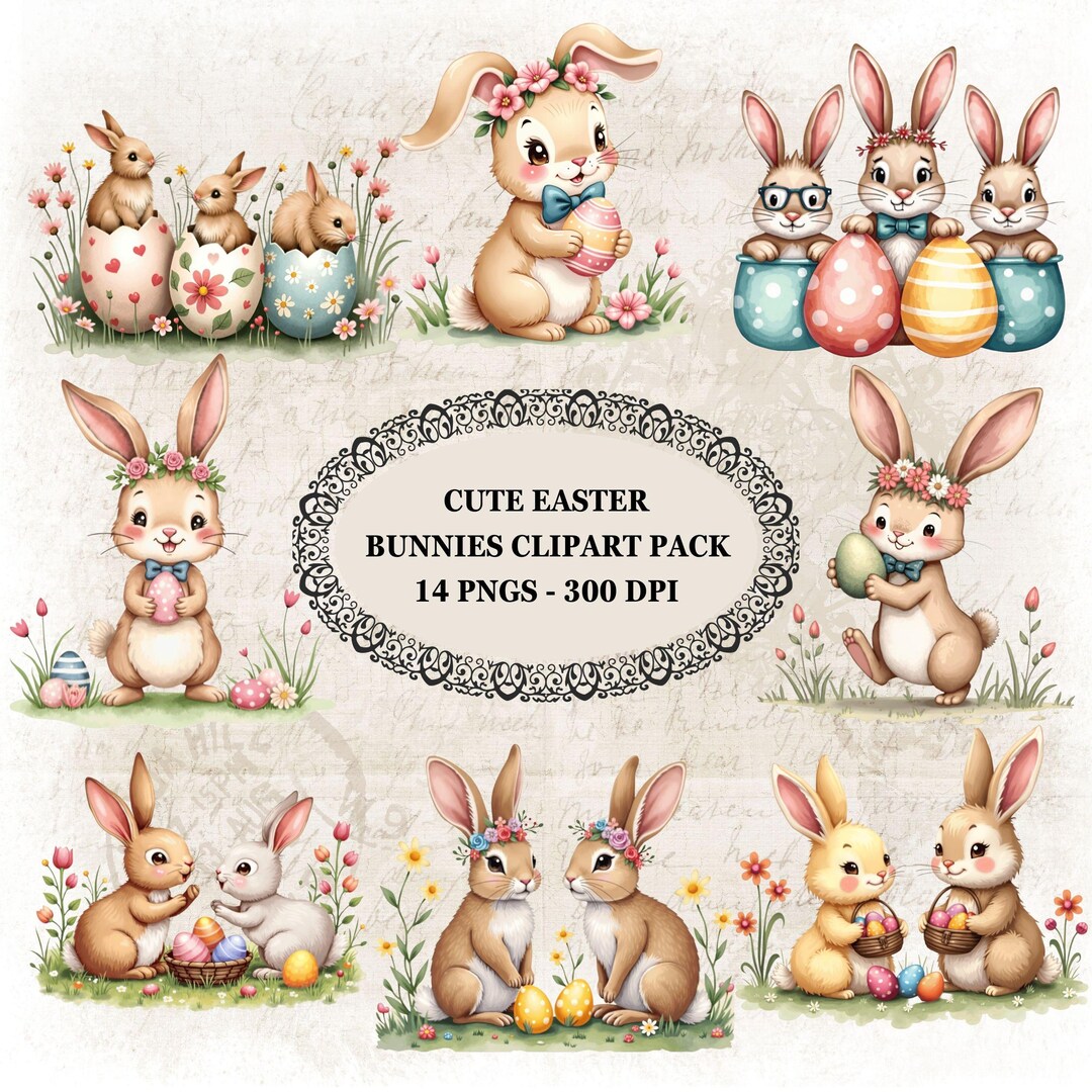 Cute Easter Bunny Clipart, Watercolour Easter Eggs, Spring Florals, DIY ...