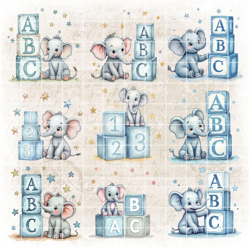 Watercolor Baby Elephant Clipart, Cute Baby Animal PNG, Watercolour ABC ...