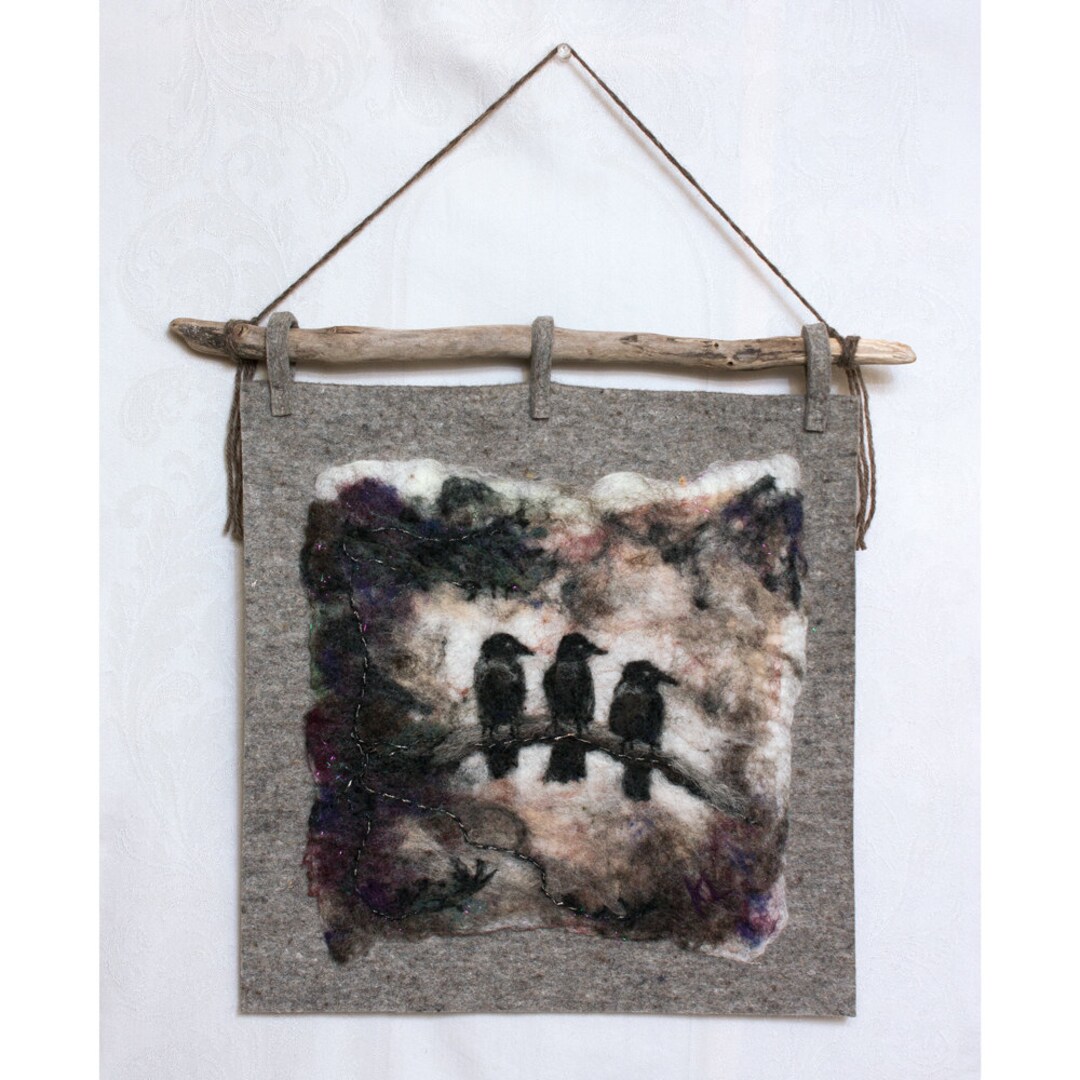 Felted Painting Three Crows on a Branch Wall Hanging - Etsy