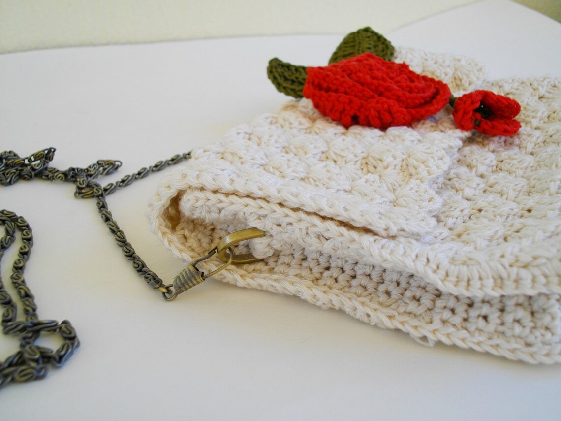 Ecru Crochet Purse With Rose Embellishment PDF Pattern - Etsy