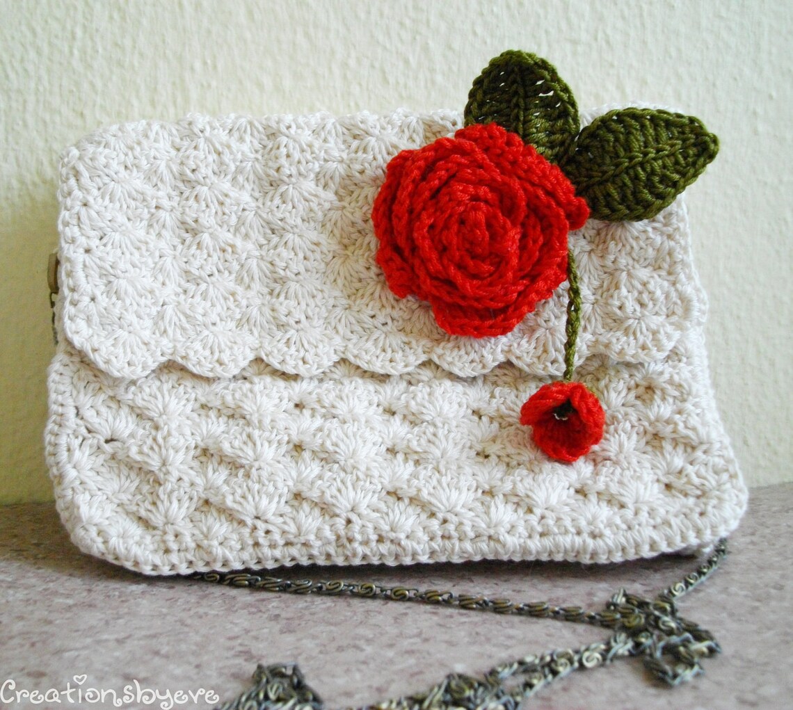 Ecru Crochet Purse With Rose Embellishment PDF Pattern - Etsy