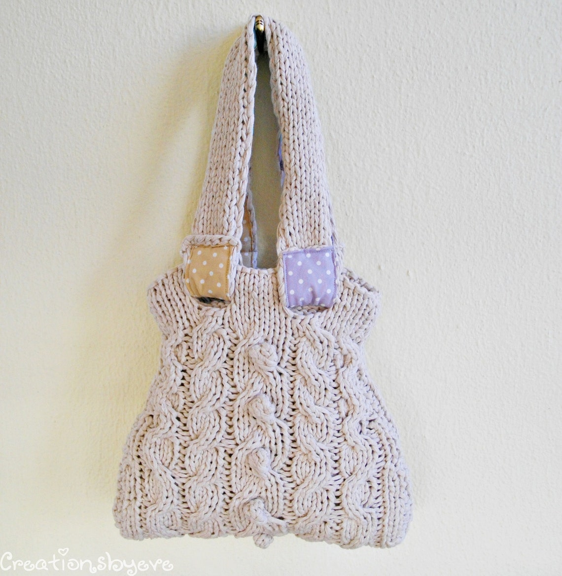 Ecru Tote Bag, Hand Kinitted, Cable Bubbles Patterned, Wheat Coton Yarn ...