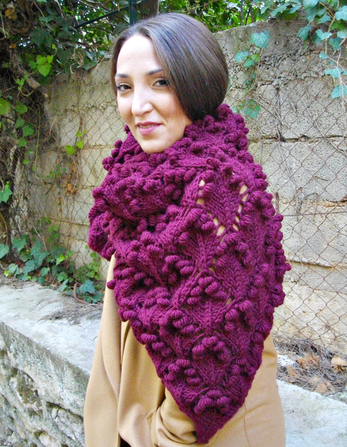 Triangular Shawl Textured Burgundyhandknit Shawlchunky - Etsy