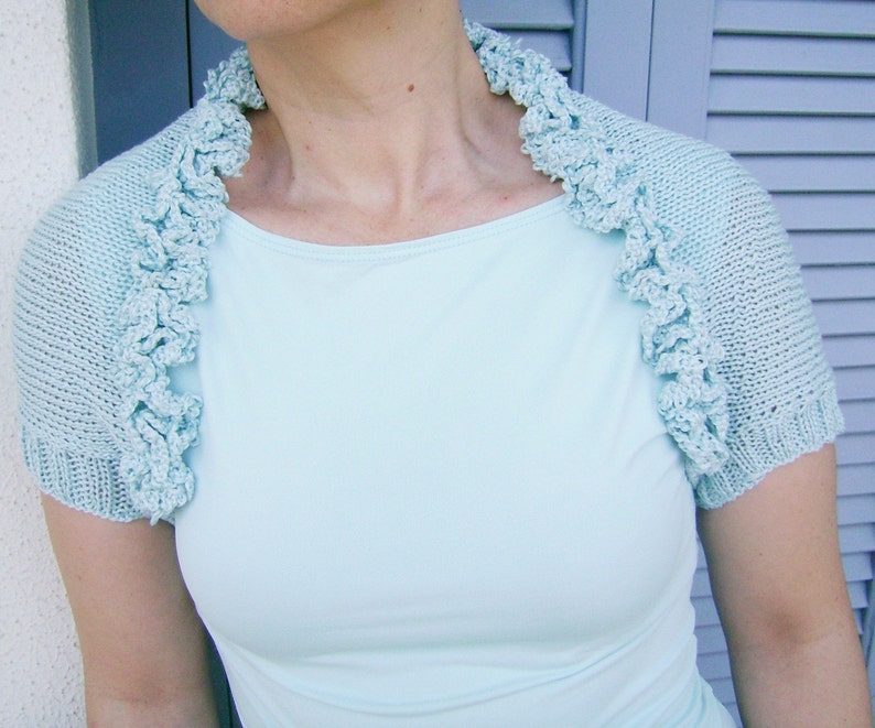 Aqua Blue Shrug, Hand Knitted Bolero, Wedding, Shoulder Warmer, Ruffle ...