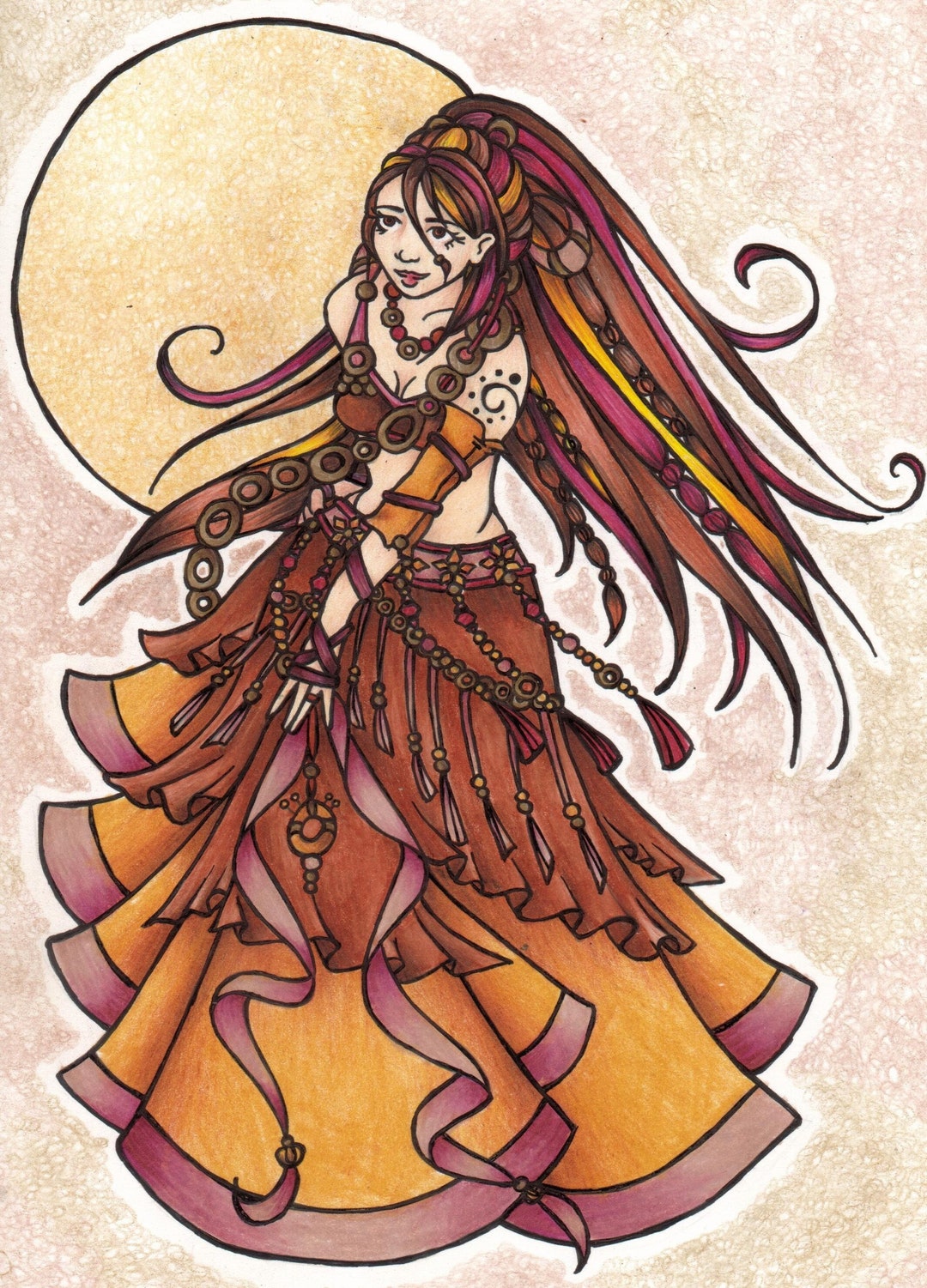Autumn Moon Belly Dancer Digital File for Printing Belly Dancing Brown Goddess Artwork Full Moon ...