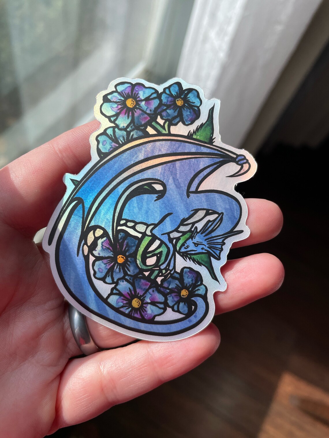 Blue Dragon Sticker Floral Dragons Art Fun Mirror Metallic Dragon ...