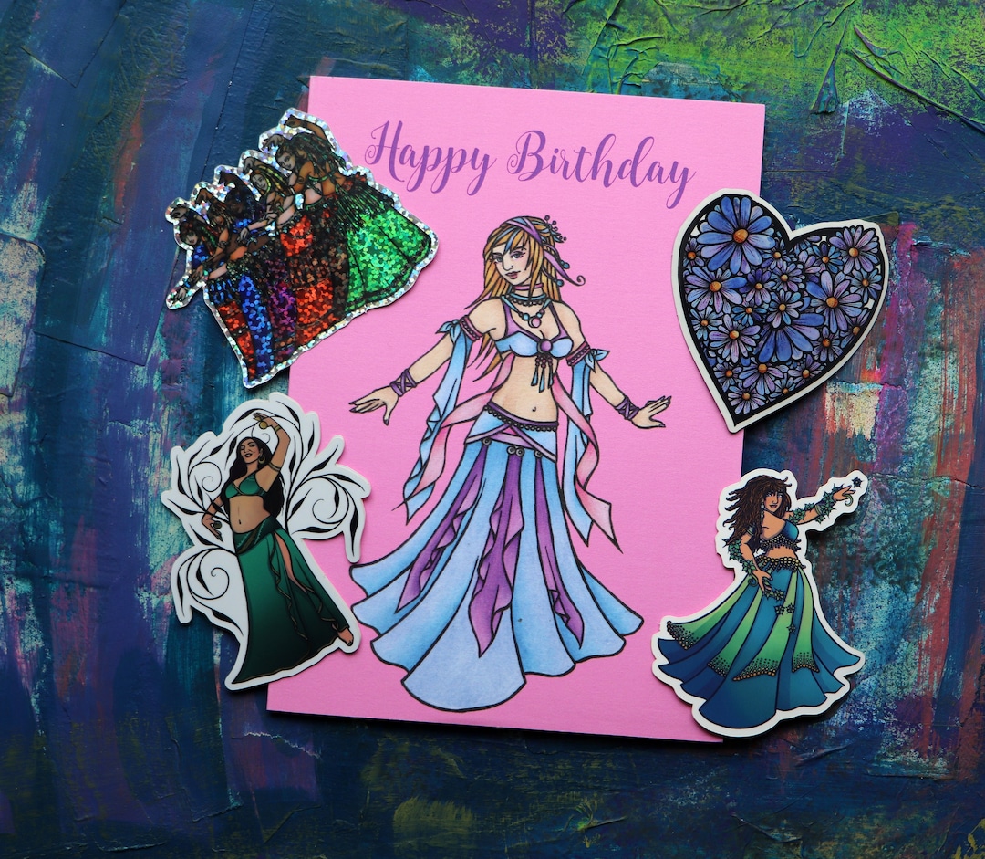 Happy Birthday Belly Dancer Greeting Card and Sticker Art Pack Belly ...