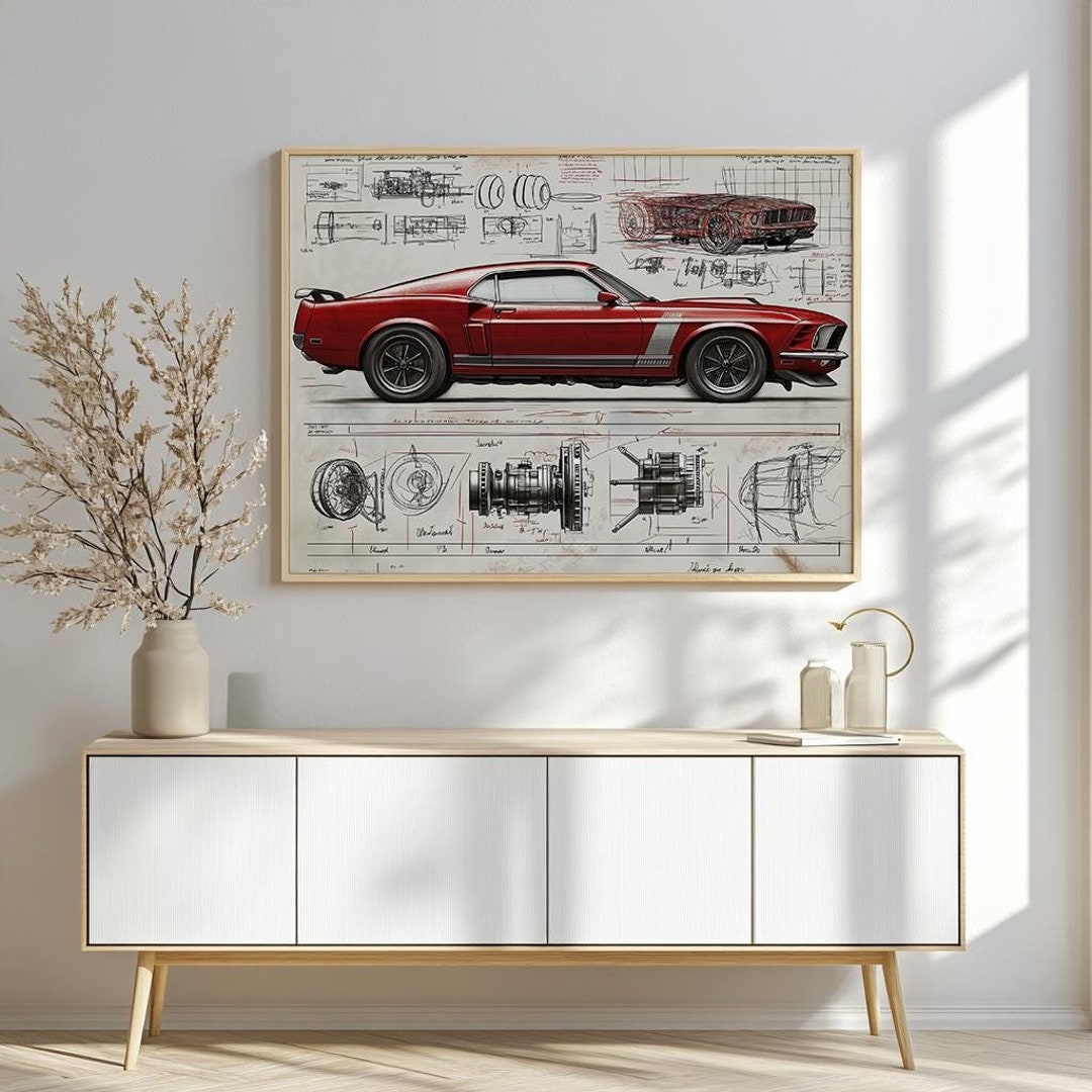 Vintage Mustang Muscle Car Blueprint Poster - Mechanical Sketches Art ...