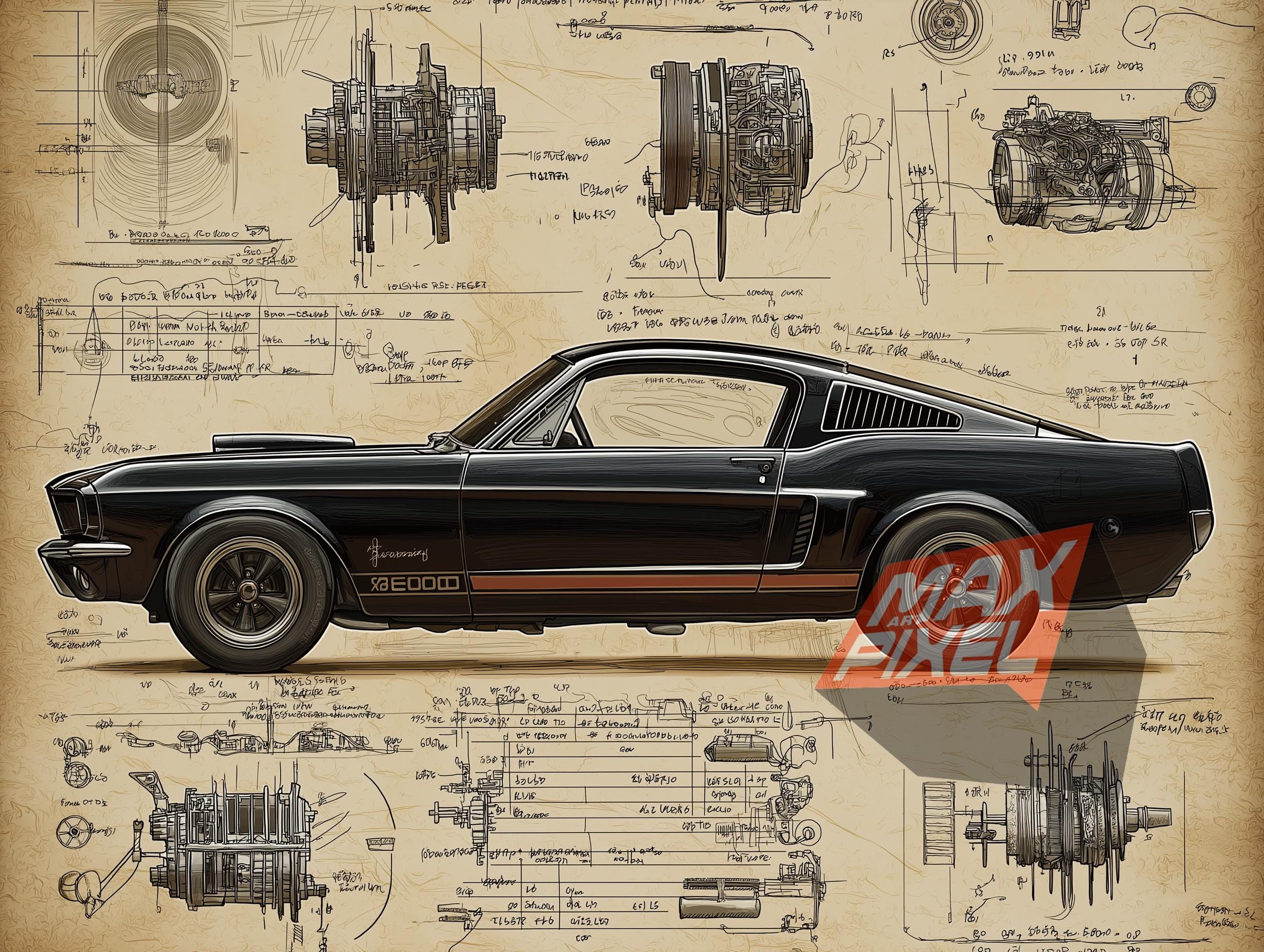 Vintage Muscle Car Mustang Blueprint Poster: Mechanic's Art Gift for ...