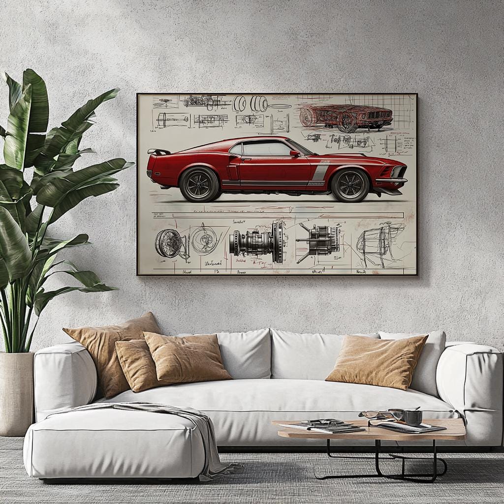 Vintage Mustang Muscle Car Blueprint Poster - Mechanical Sketches Art ...