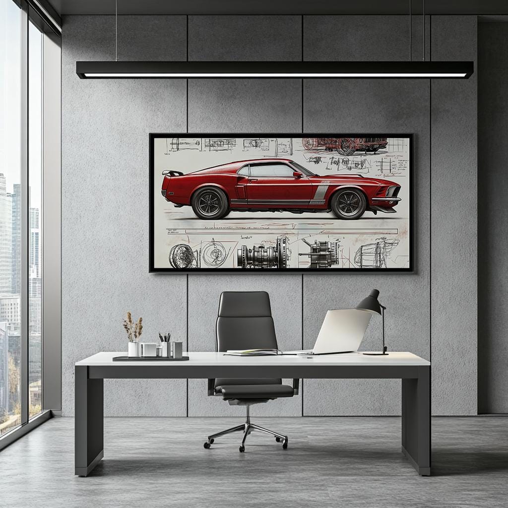 Vintage Mustang Muscle Car Blueprint Poster - Mechanical Sketches Art ...