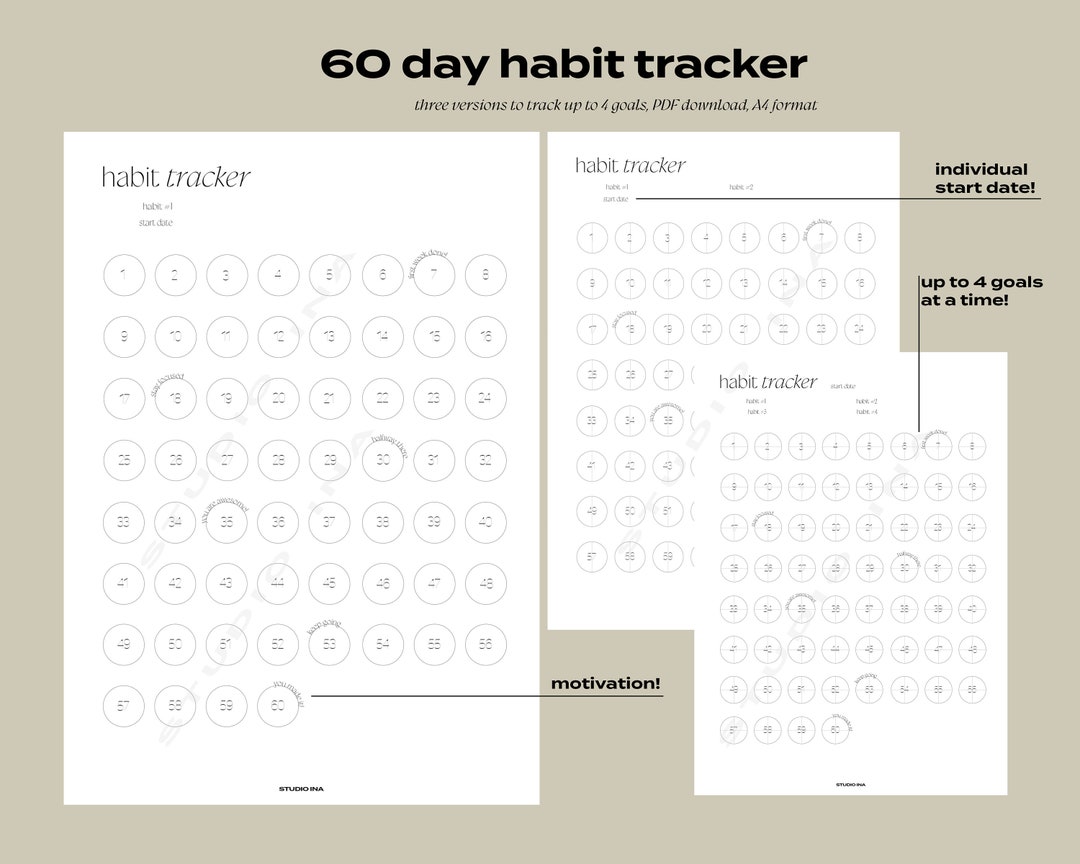 60 Day Habit Tracker, 60 Day Challenge, 1-4 Goals at a Time, Minimalist ...