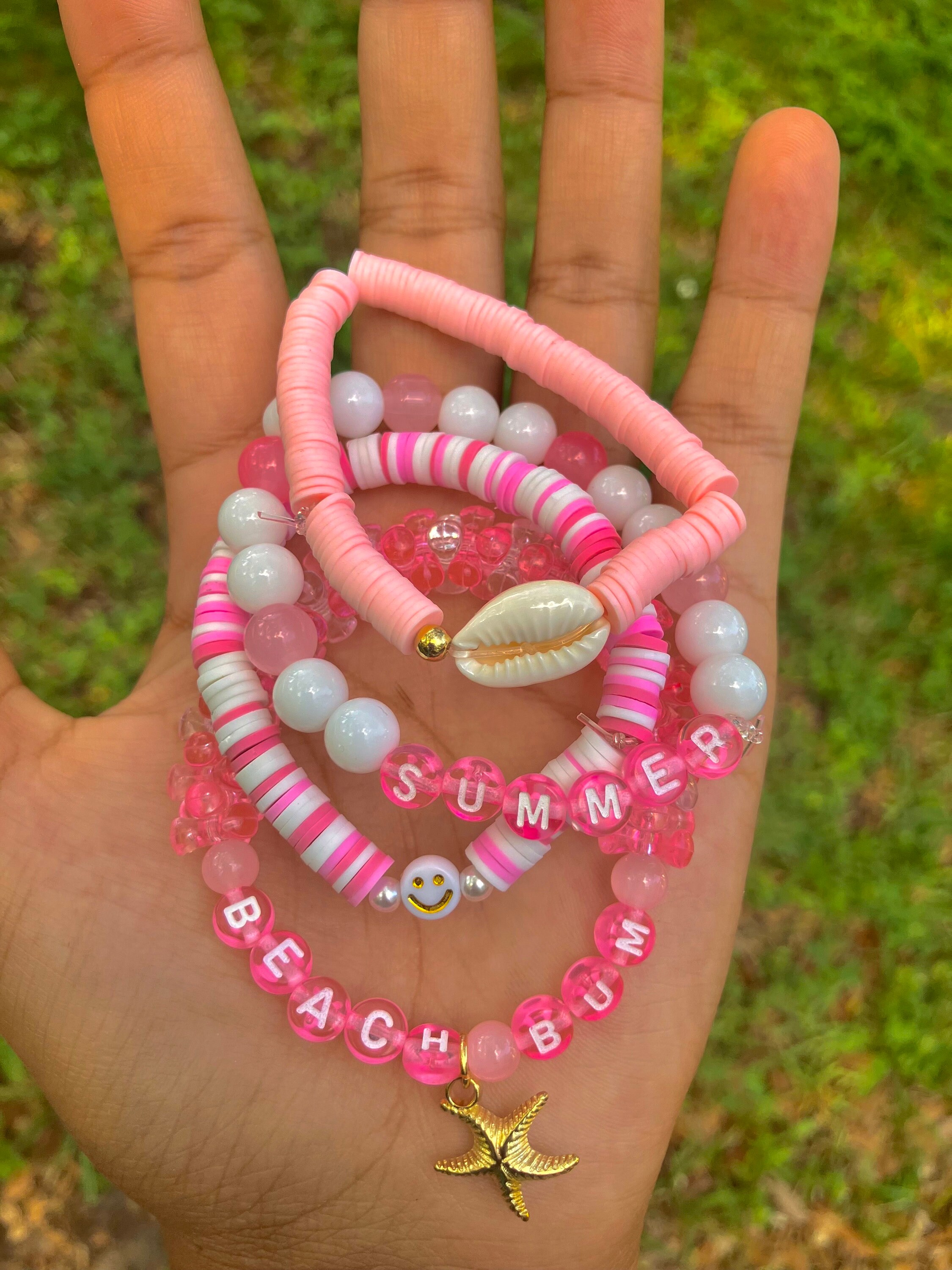 Preppy Pink Summer Bracelets Set. Smiley Face, Cowrie Shell, Beach Bum ...