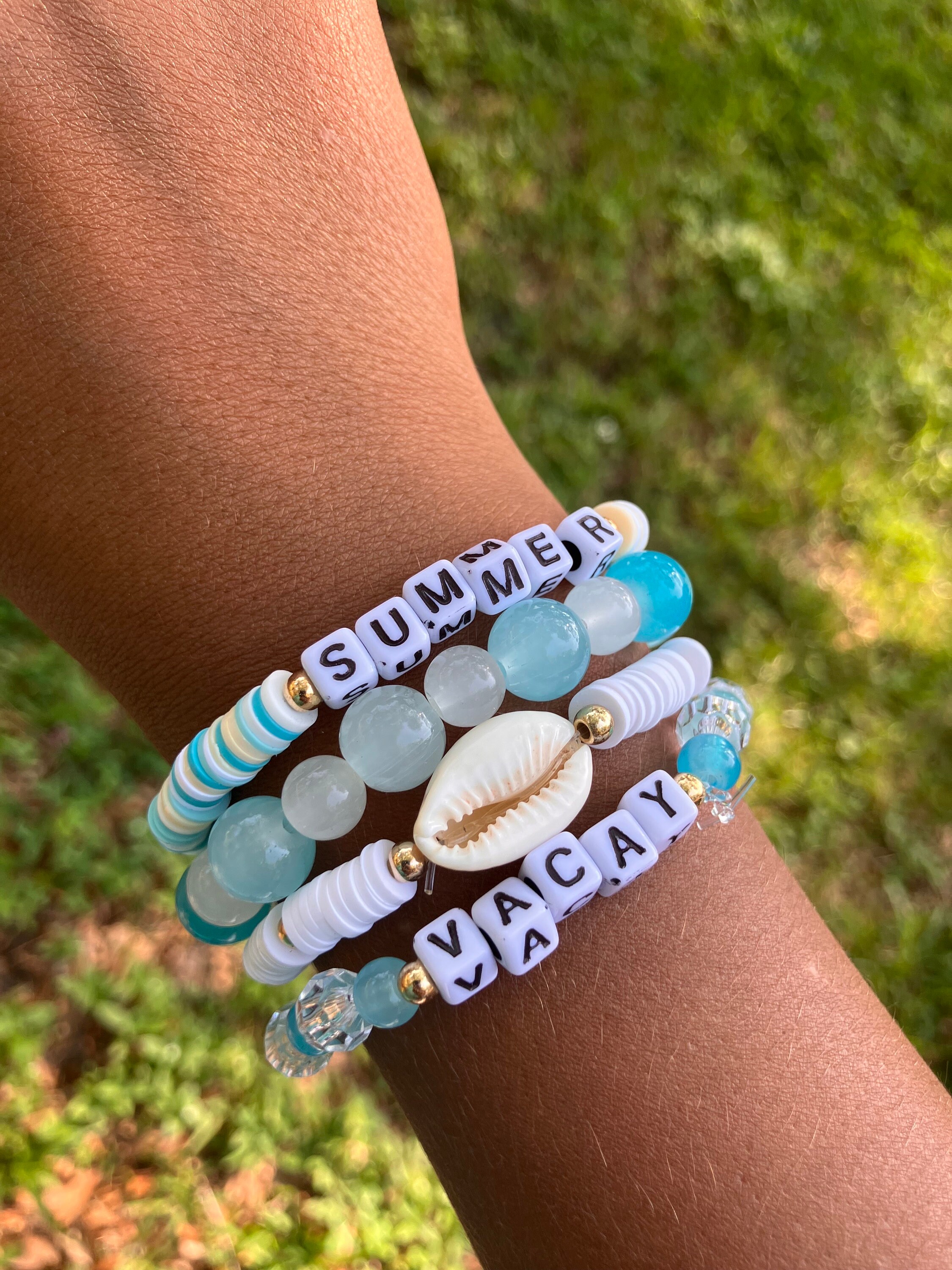 Preppy Blue Summer Bracelets Set. Summer Cowrie Shell Vacation Bead ...