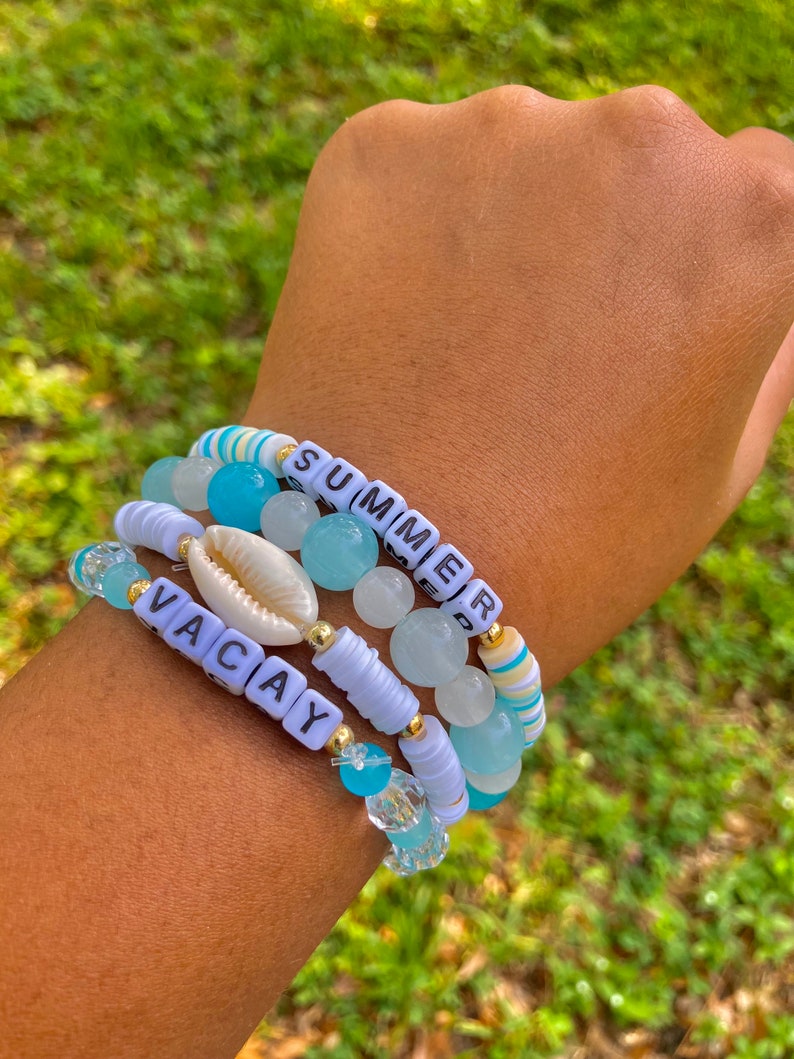 Preppy Blue Summer Bracelets Set. Summer Cowrie Shell Vacation Bead ...