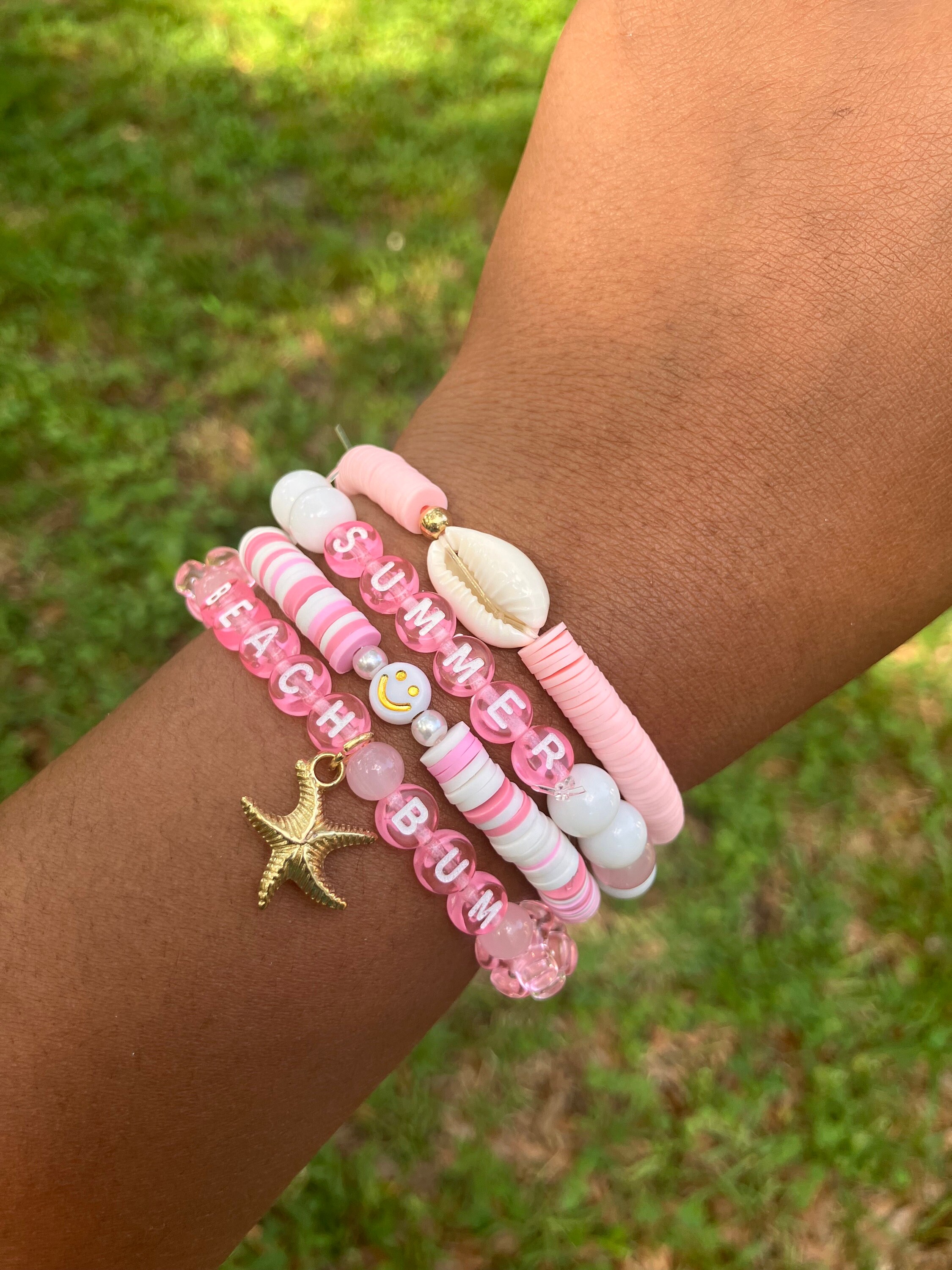 Preppy Pink Summer Bracelets Set. Smiley Face, Cowrie Shell, Beach Bum ...