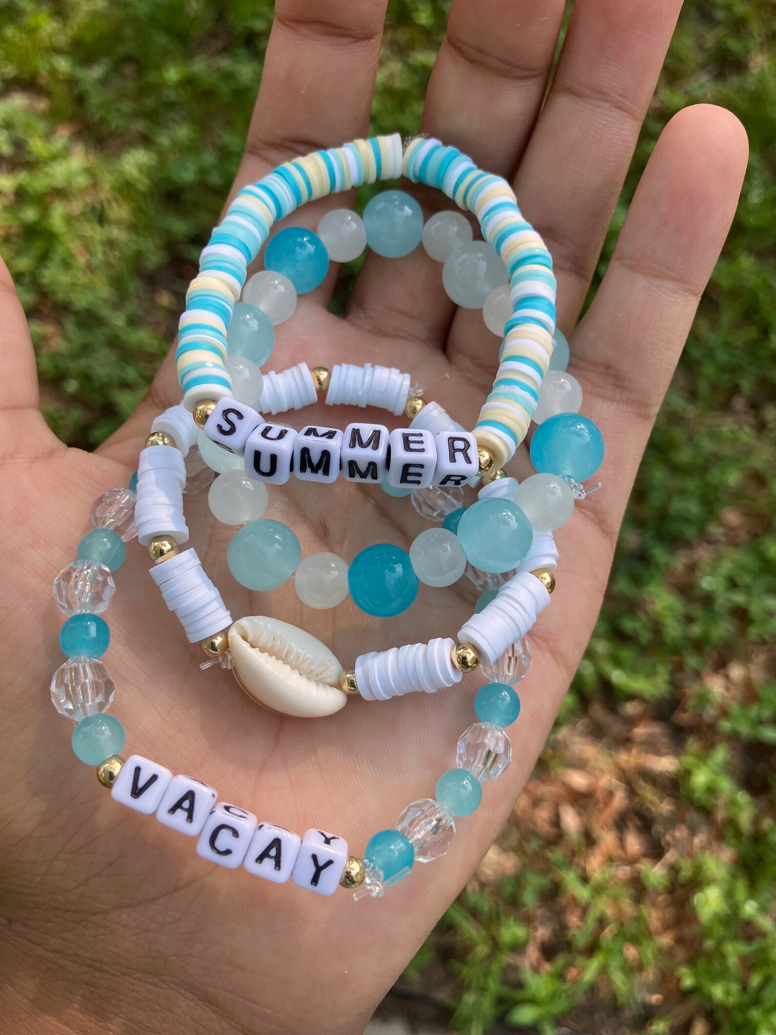 Preppy Blue Summer Bracelets Set. Summer Cowrie Shell Vacation Bead ...