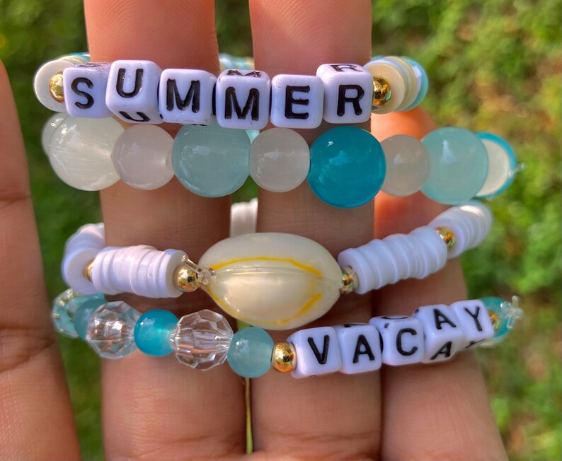 Preppy Blue Summer Bracelets Set. Summer Cowrie Shell Vacation Bead ...