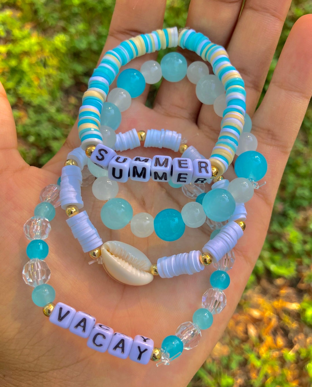 Preppy Blue Summer Bracelets Set. Summer Cowrie Shell Vacation Bead ...