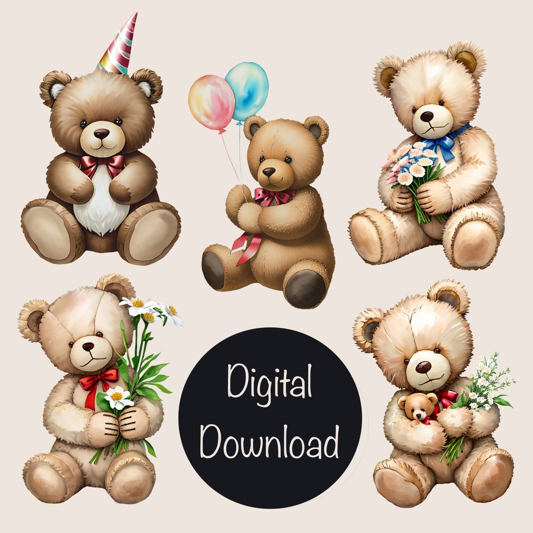 Set of 5 Cute Teddy Bear Clipart With Transparent Background for Your ...