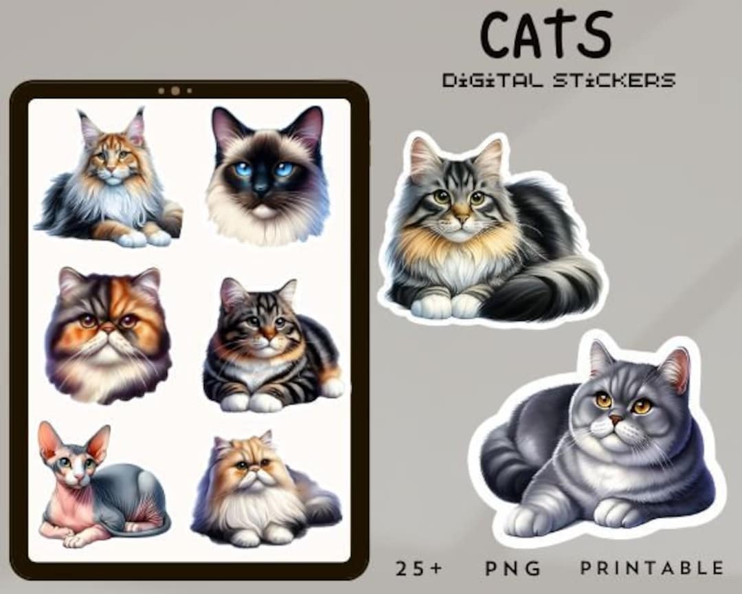 Digital Sticker Pack:25 Cat Printable Stickers for Goodnotes, Digital ...