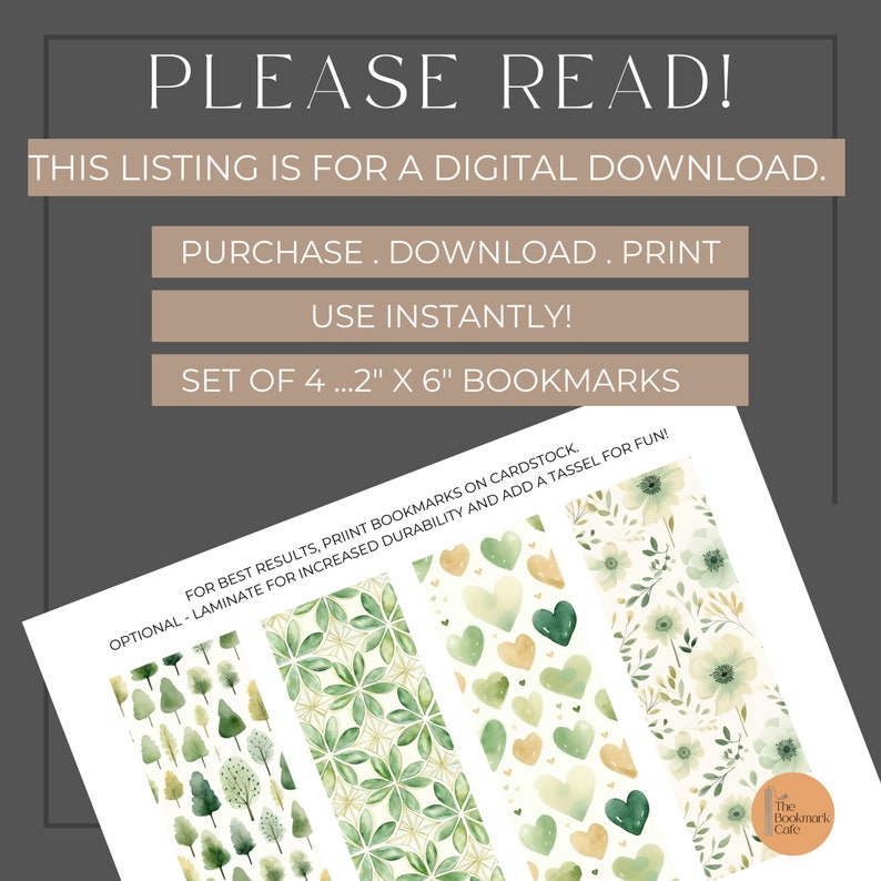 Printable Bookmarks, Digital Download, Set of 4, Green Bookmarks ...