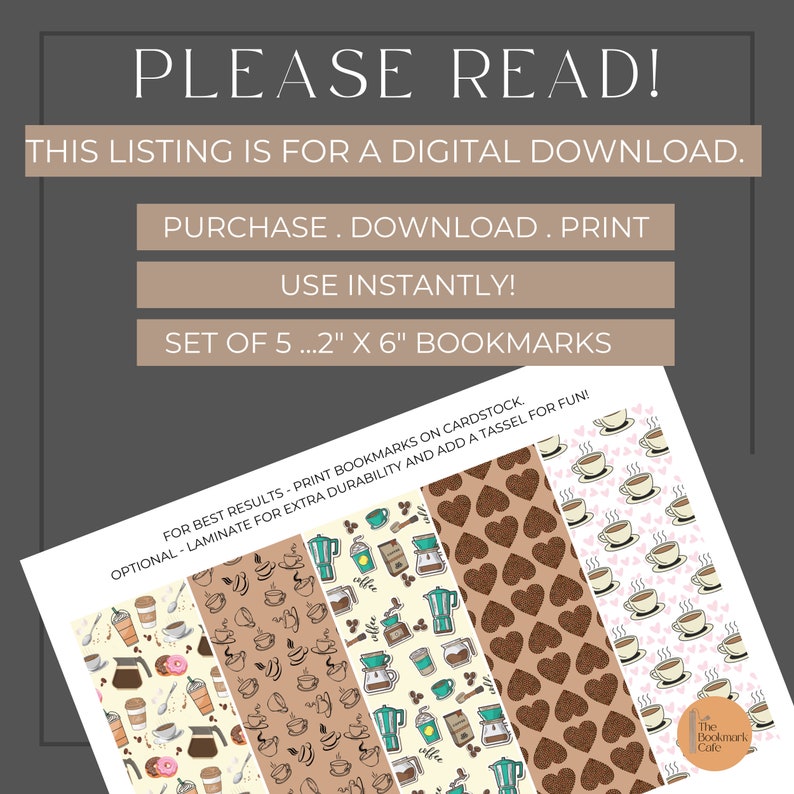 Printable Bookmarks, Digital Download, Set of 5, Coffee Shop, Reader ...