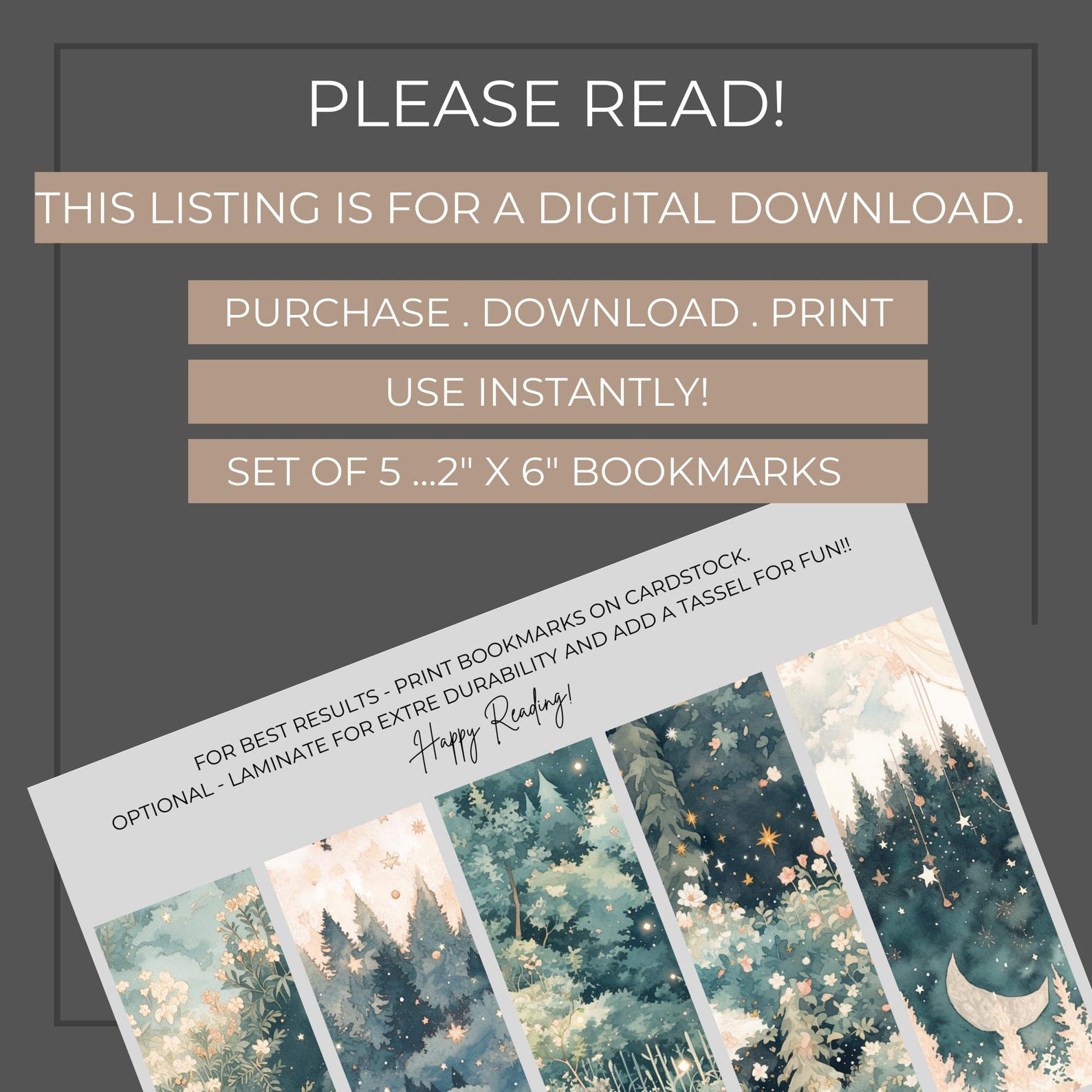 Printable Bookmarks, Digital Download, Set of 5, Night Forest Bookmark ...
