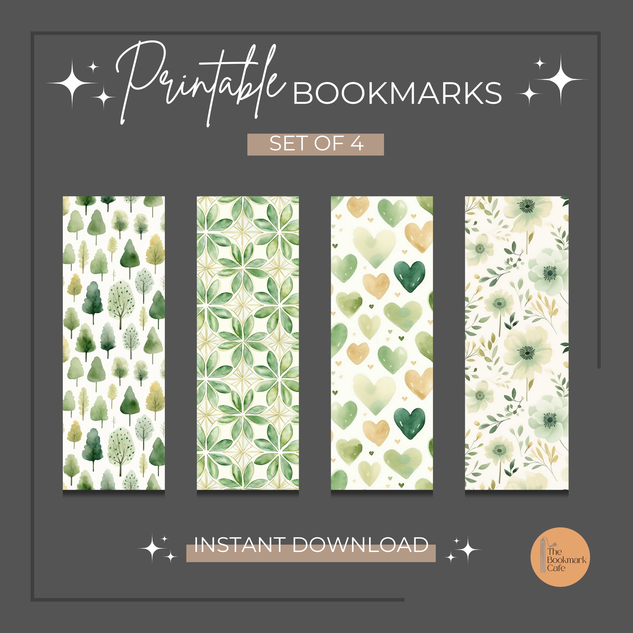 Printable Bookmarks, Digital Download, Set of 4, Green Bookmarks ...