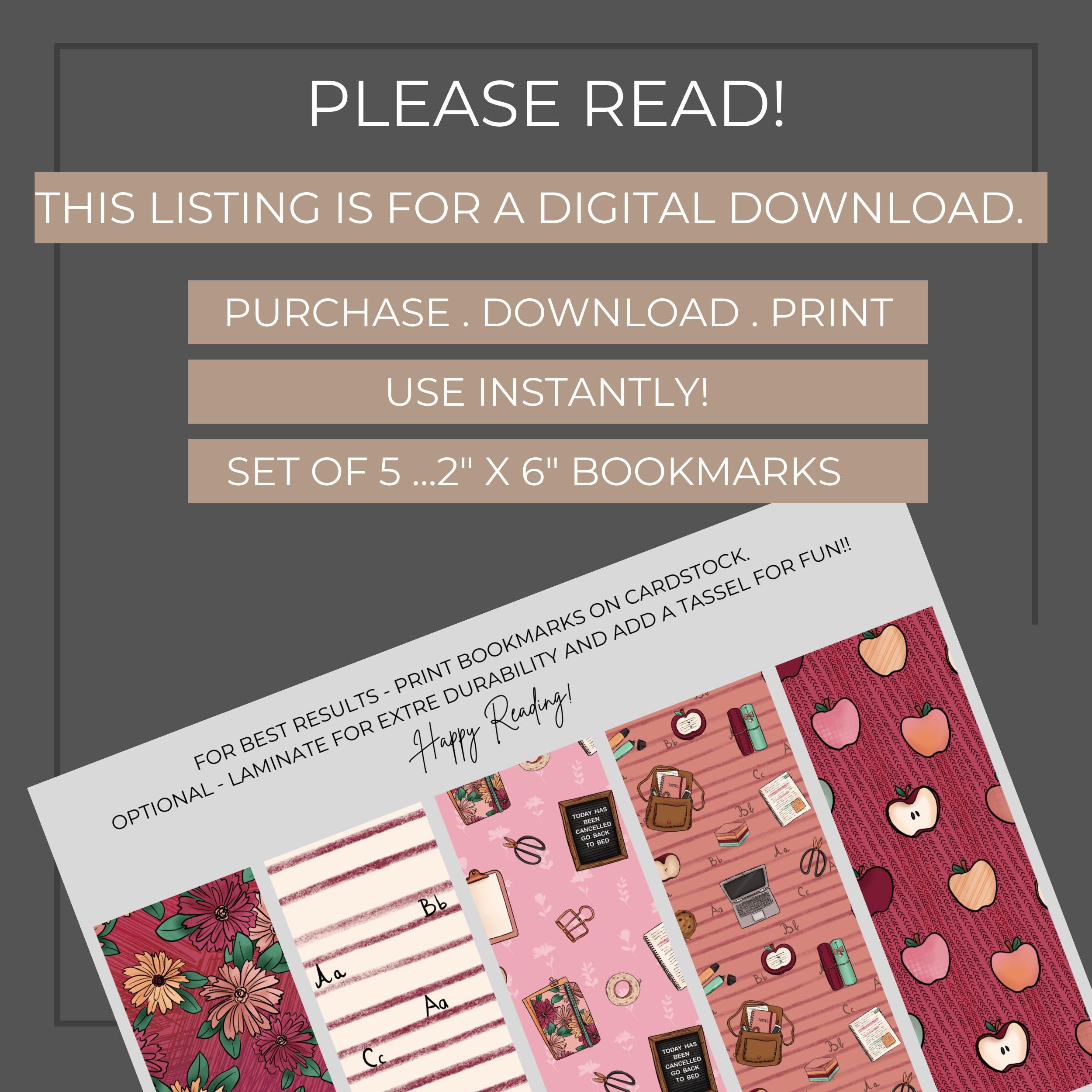 Back to School Printable Bookmarks, Digital Download, Set of 5, Cute ...