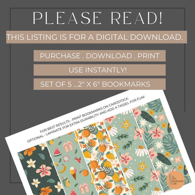Printable Bookmarks, Digital Download, Set of 5, Tropical Bookmark Set ...