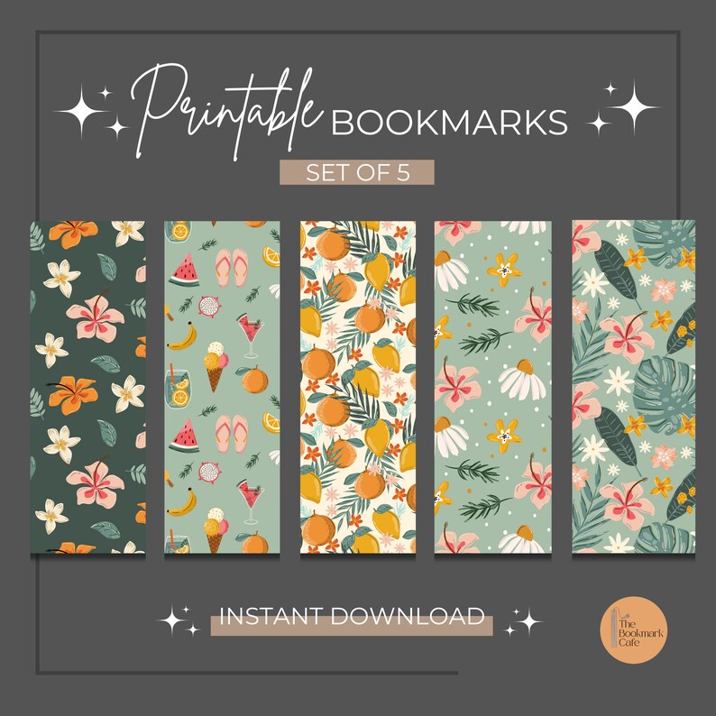 Printable Bookmarks, Digital Download, Set of 5, Tropical Bookmark Set ...